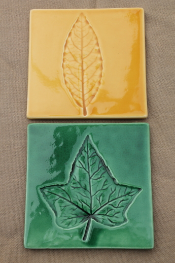 Italian pottery tiles, Crate & Barrel ceramic coasters w/ pressed leaves