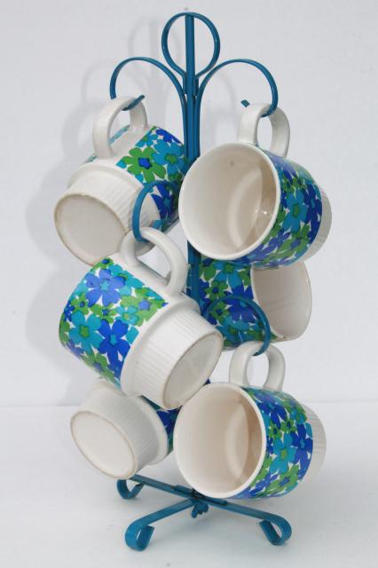 retro blue & green daisy print mugs, flower power hippie vintage mug ...