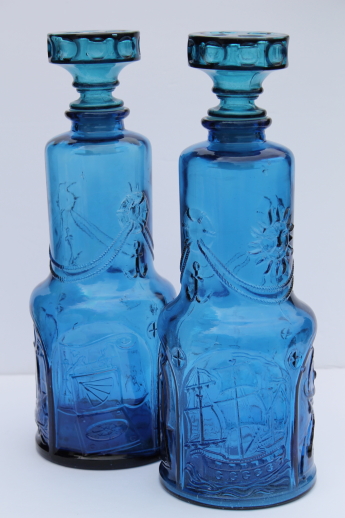 Vintage blue glass ship's decanters, pair of decanter bottles w ...